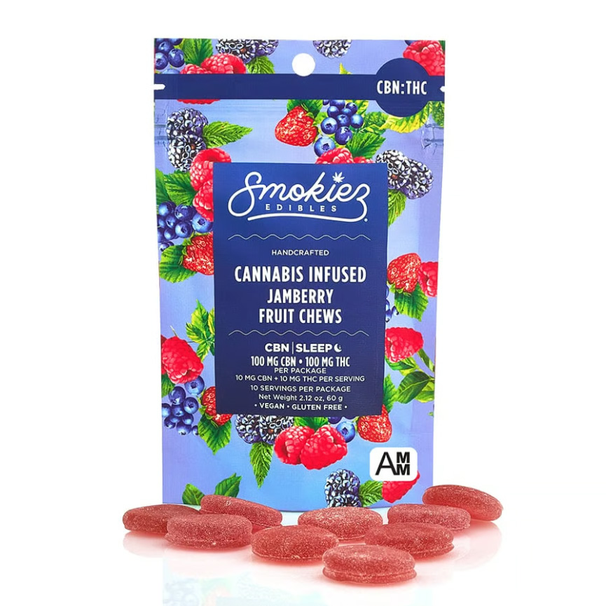 Buy Sour Jamberry 1:1 THC:CBN Chews | 100mg / 10pk | Smokiez | Cannabis ...